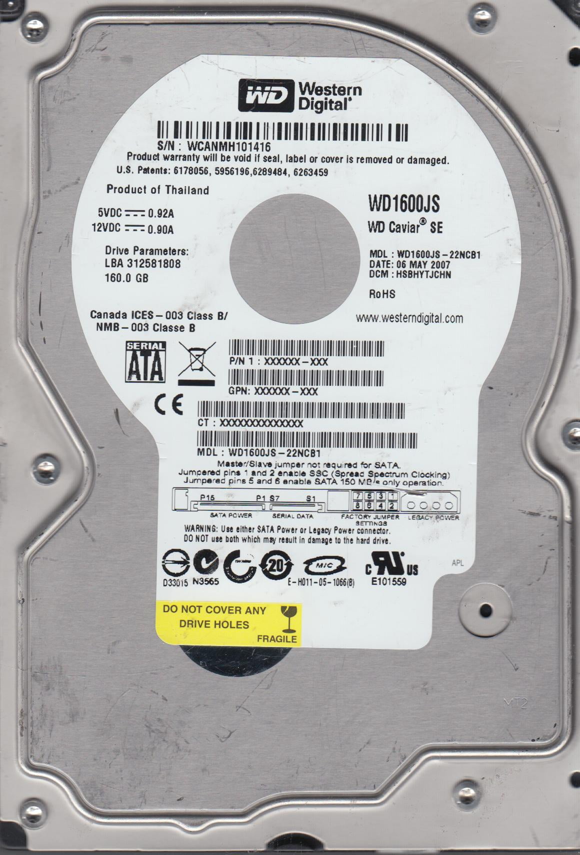 WD1600JS-22NCB1, DCM HSBNYTJCHN, Western Digital 160GB SATA 3.5 Hard ...