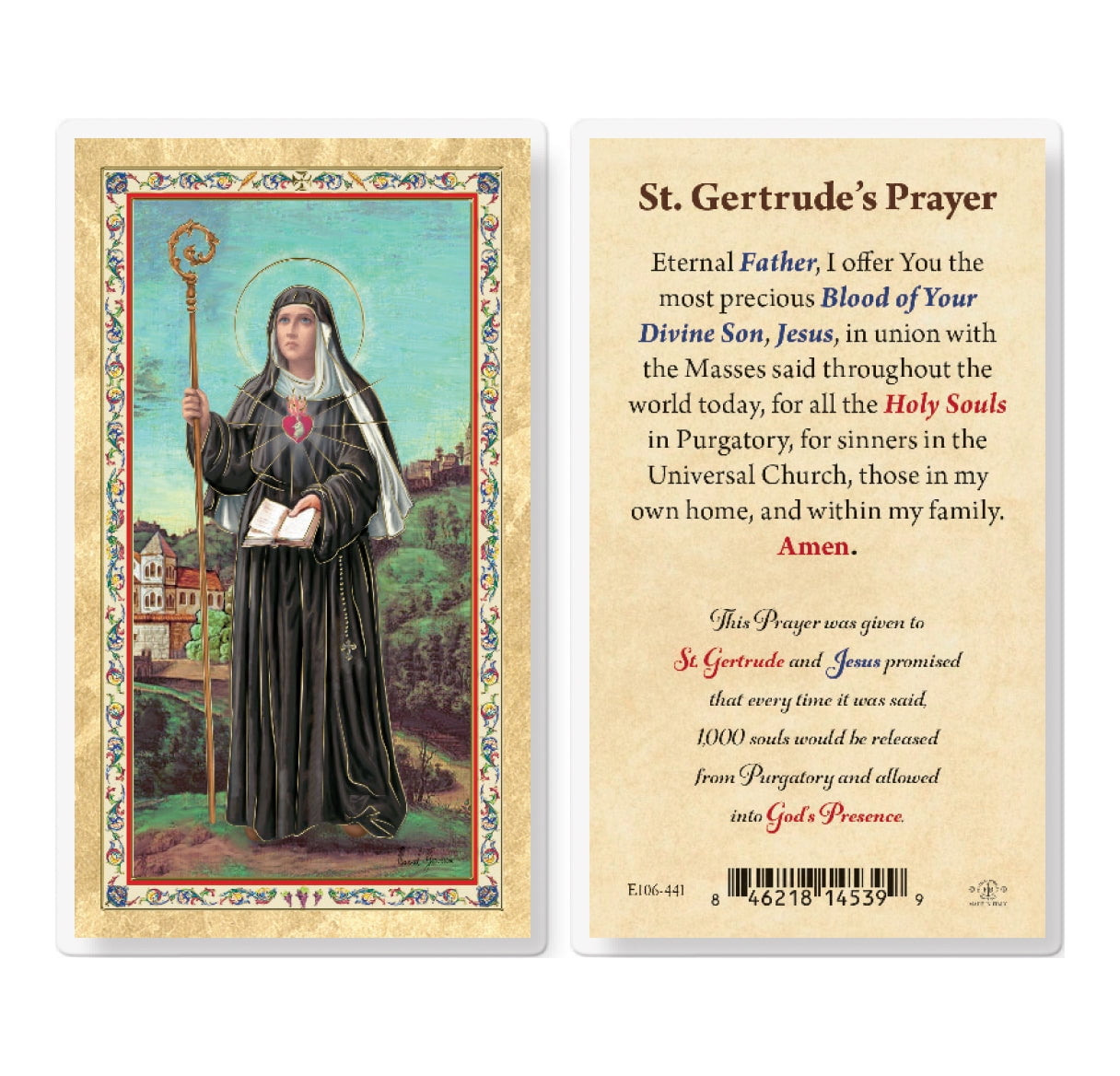 St. Gertrude Gold-Stamped Laminated Catholic Prayer Holy Card with ...