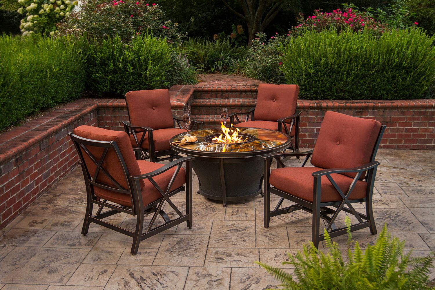 CC Outdoor Living 5 Piece Round Glass Top Gas Fire Pit Set W Red Patio CC Outdoor Living 5 Piece Round Glass Top Gas Fire Pit Set W Red Patio