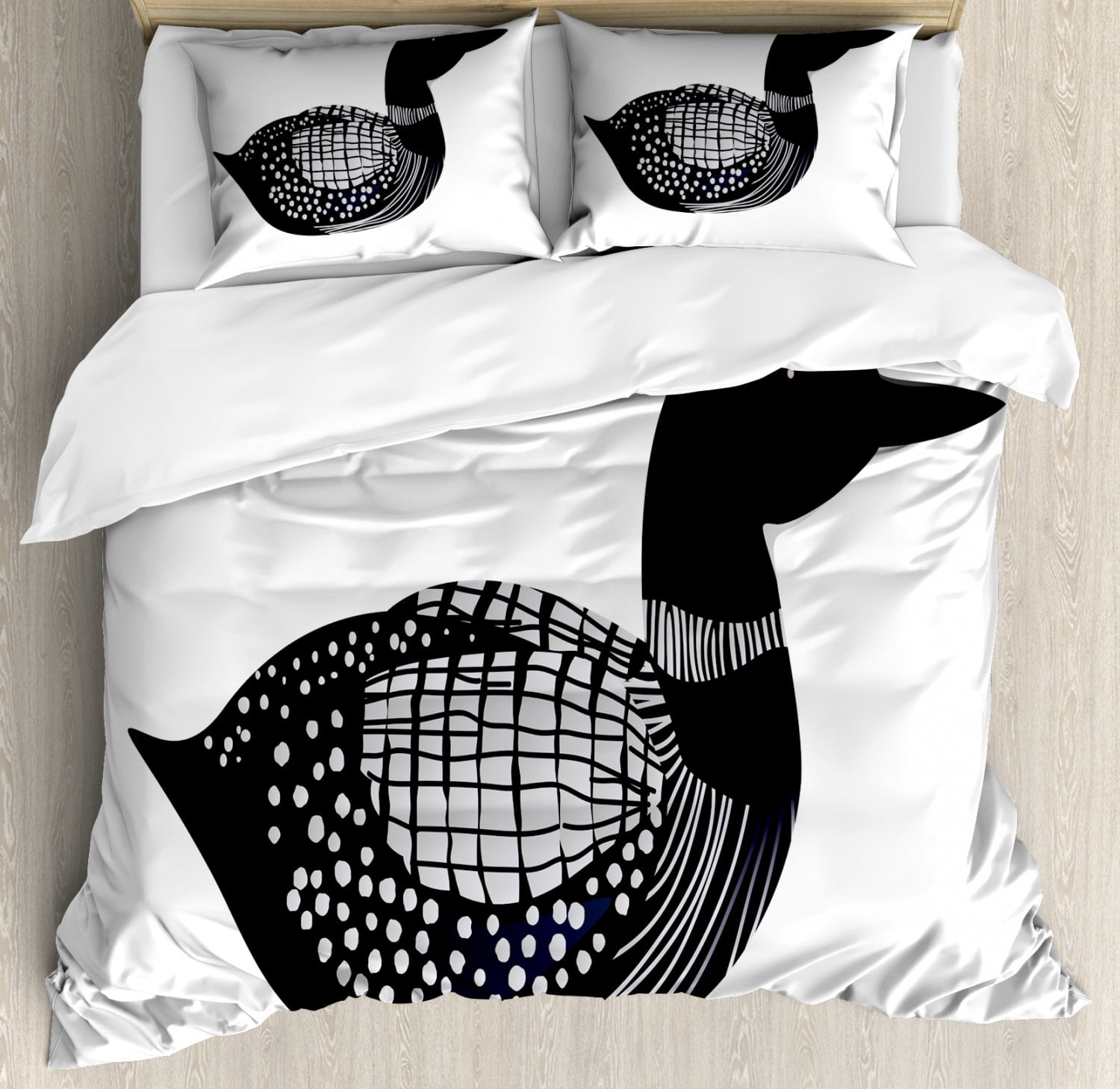 Loon Duvet Cover Set King Size, Side Portrait of a Doodle Drawn Bird ...