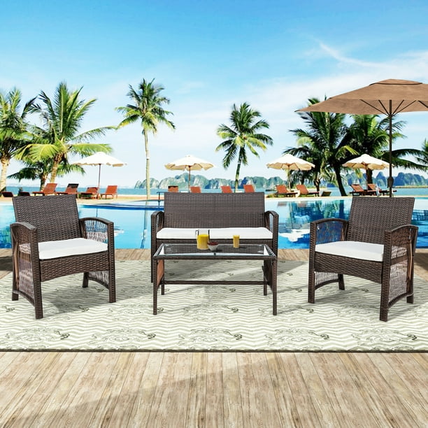 Merax 4 Piece Outdoor Garden Rattan Patio Furniture Set With Tempered ... Merax 4 Piece Outdoor Garden Rattan Patio Furniture Set With Tempered ...