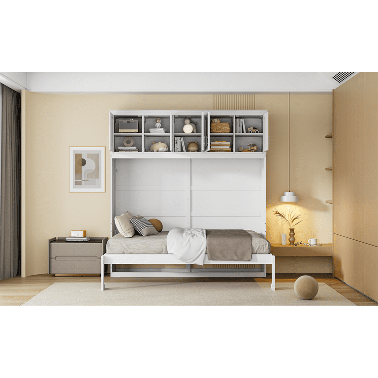 Full Size Murphy Bed Wall Bed with Top Cabinets Space Saving for for Guestroom Apartment Small Space White Walmart