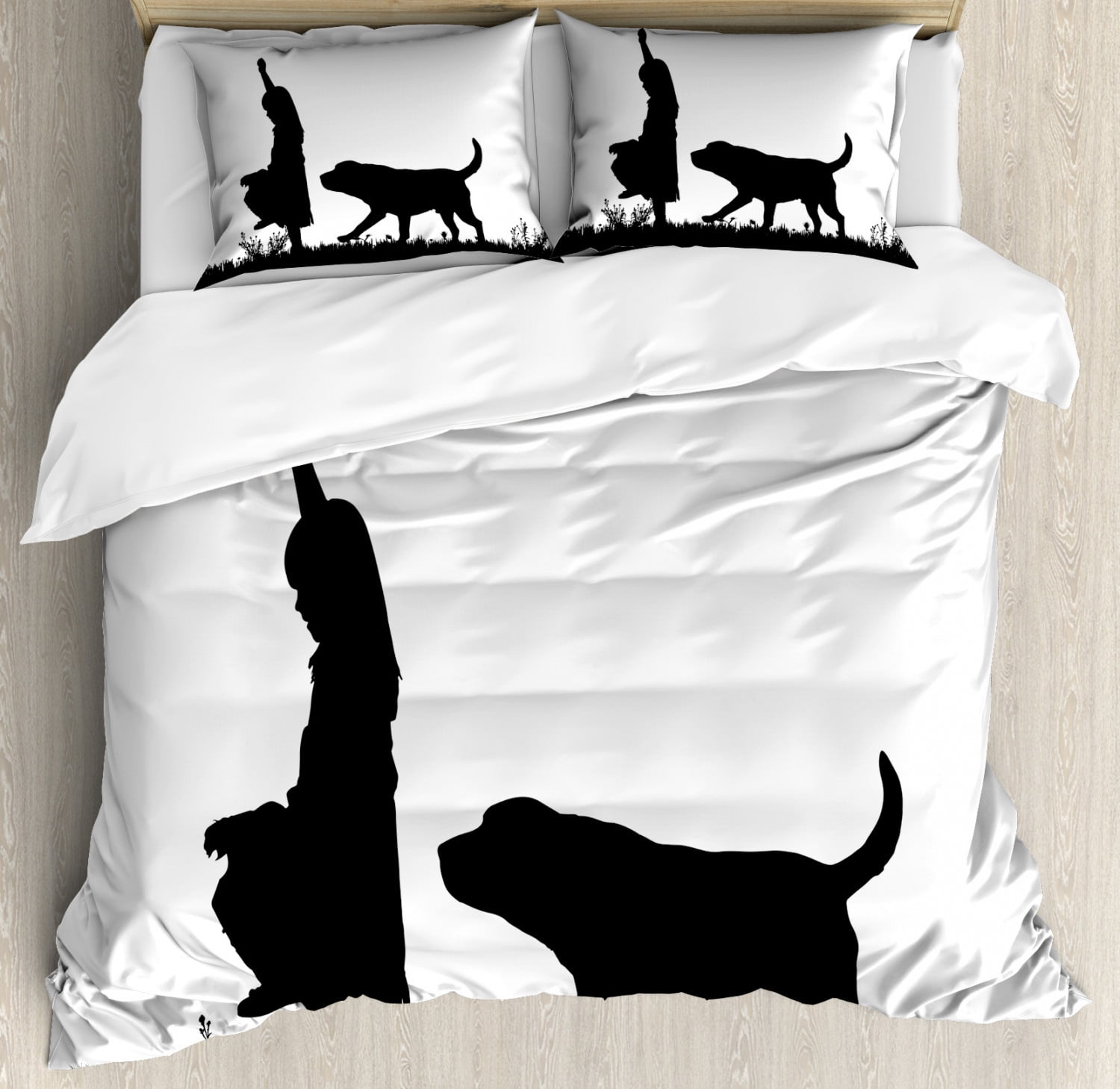 Labrador Duvet Cover Set Queen Size, Silhouette of Little Girl with Dog ...