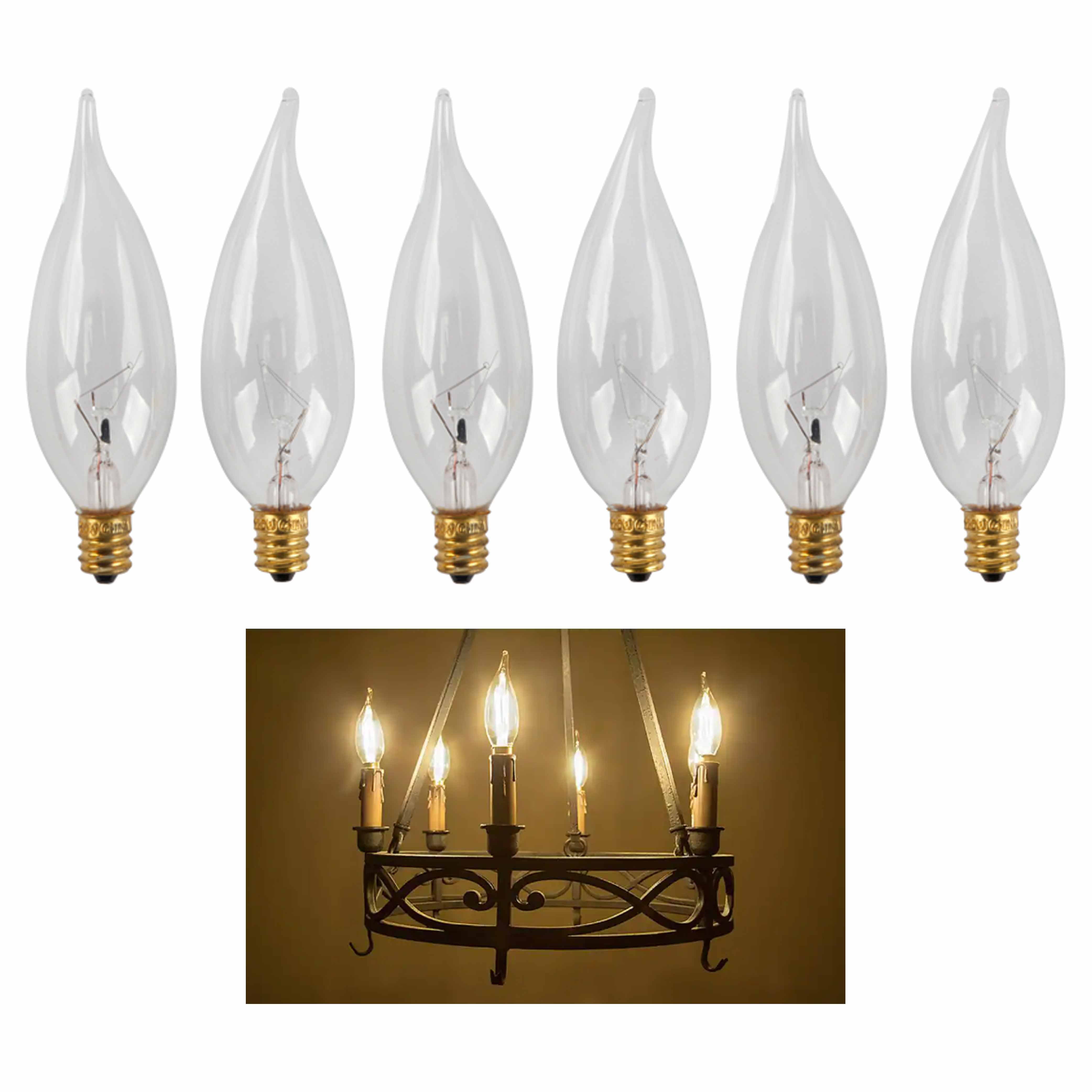 6 X 40W 120V Clear Light Bulbs Candelabra Base Chandelier Candle Shape ...