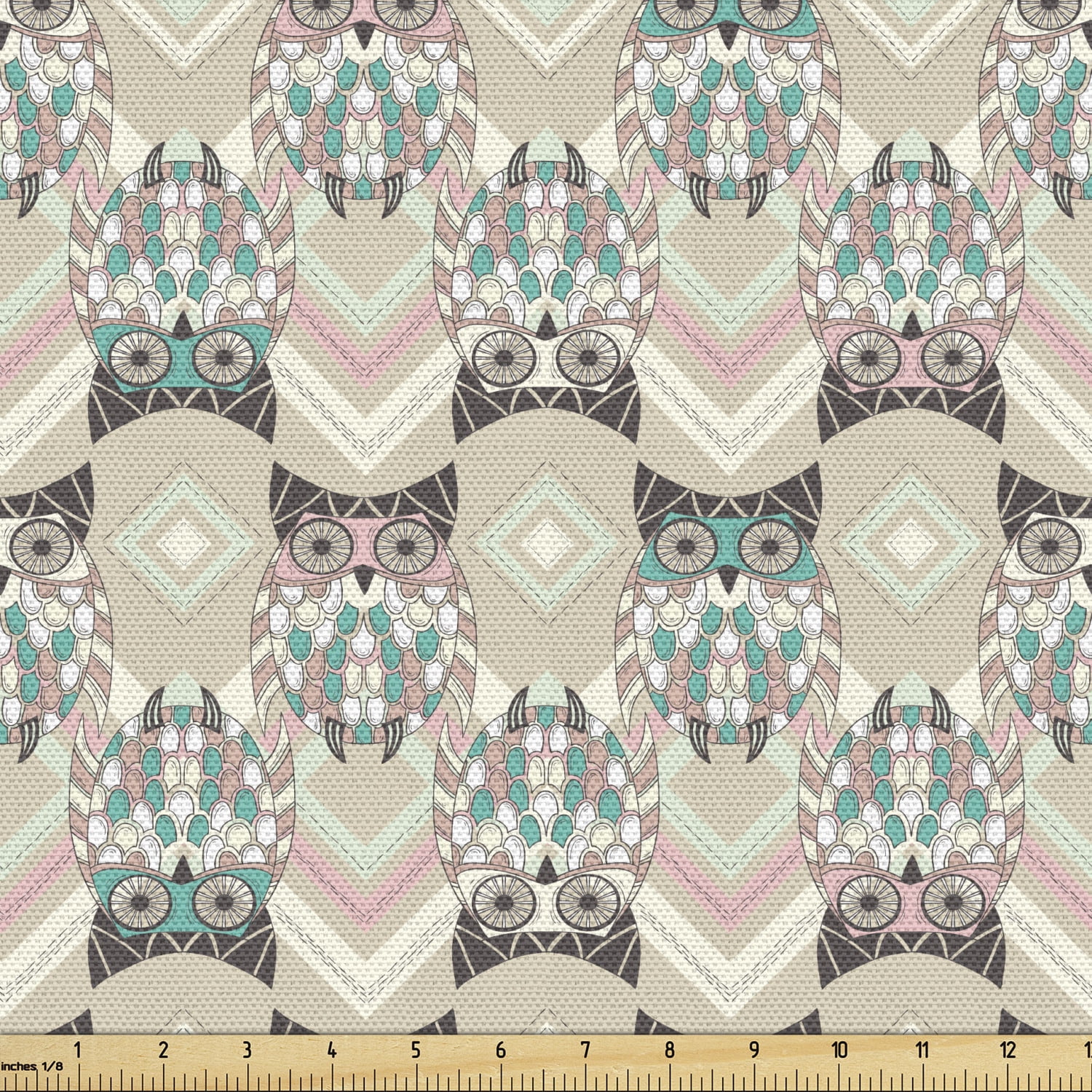 Owls Fabric by the Yard, Pattern with Native an Geometric Ornaments ...