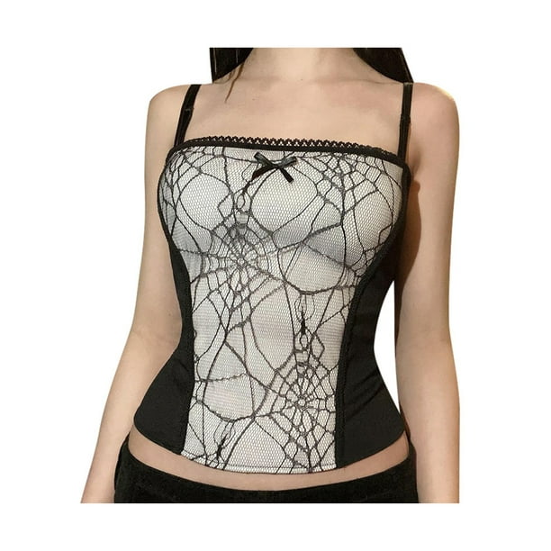 Women Net Lace Crop Top Y2k Goth Spaghetti Strap Patchwork Camis Top