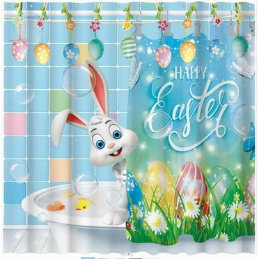 Happy Easter Shower Curtain Wood Cross Cute Rabbit Colorful Eggs Spring ...