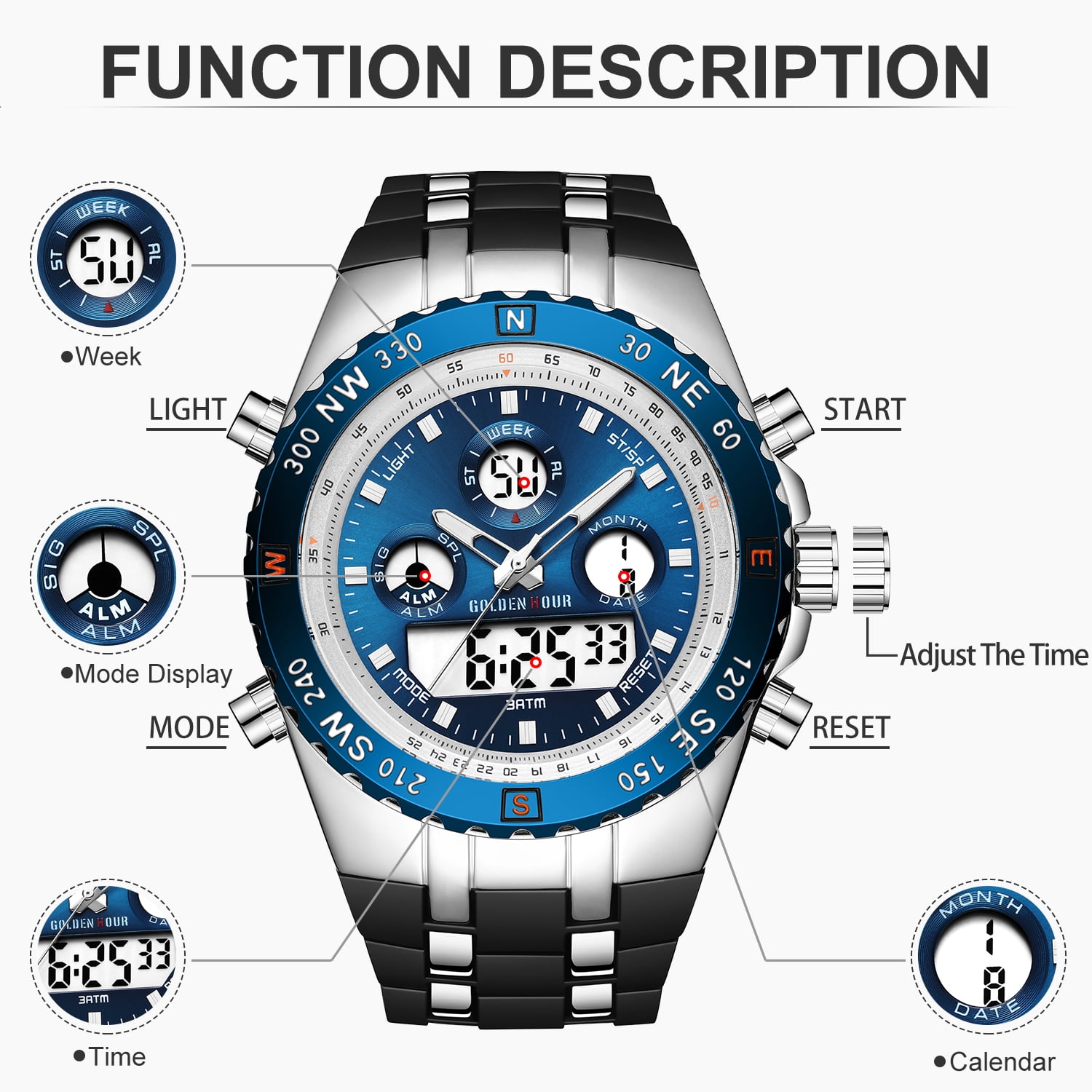 Buy GOLDEN HOUR Military Sports Mens Watches Large Size Big Blue Face ...