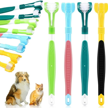 4 Pieces 3 Sided Dog Toothbrush Long Handle Pet Brush Canine Toothbrush ...