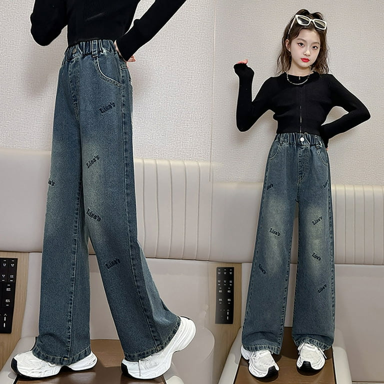 Girls Pants 12-13 Years Cargo Jeans For Girls Elastic High Waist Wide ...