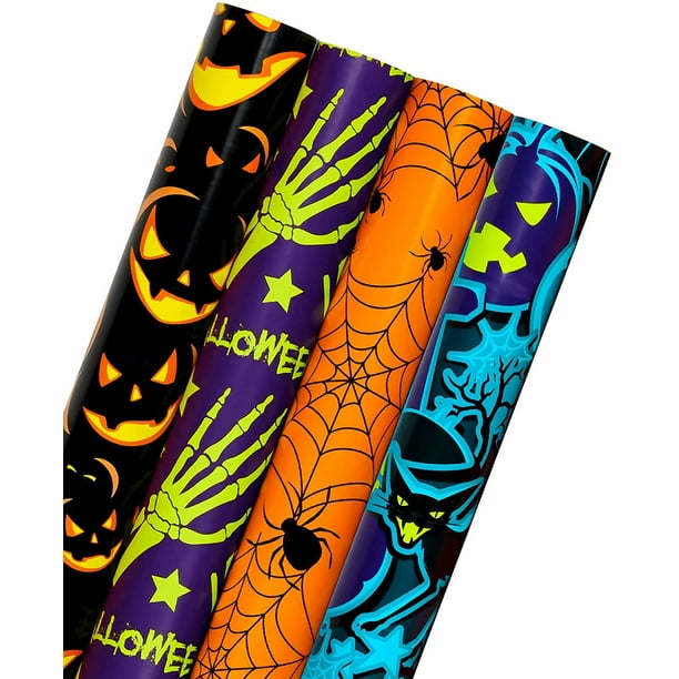 Halloween Wrapping Paper Roll - Jack-O-Lantern/Black Cat/Spiders/Skull ...