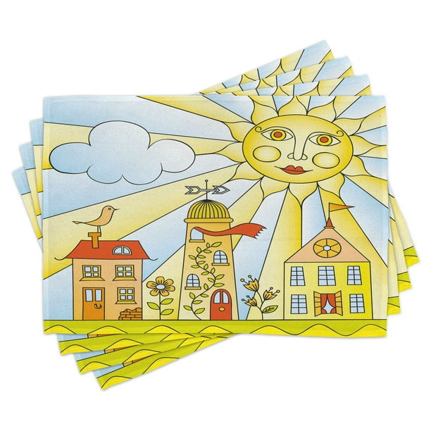 Kids Room Placemats Set of 4 Childlike Drawing of City under Smiling ...