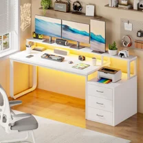 DreamCurship 67" Computer Desk with LED Light, White Desk with Drawers ...
