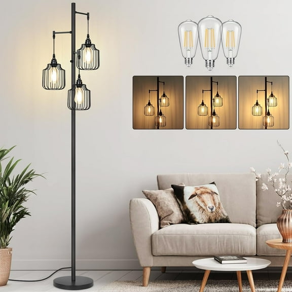 Dimmable Floor Lamp, 3 x 800LM LED Edison Bulbs Included, Industrial ...