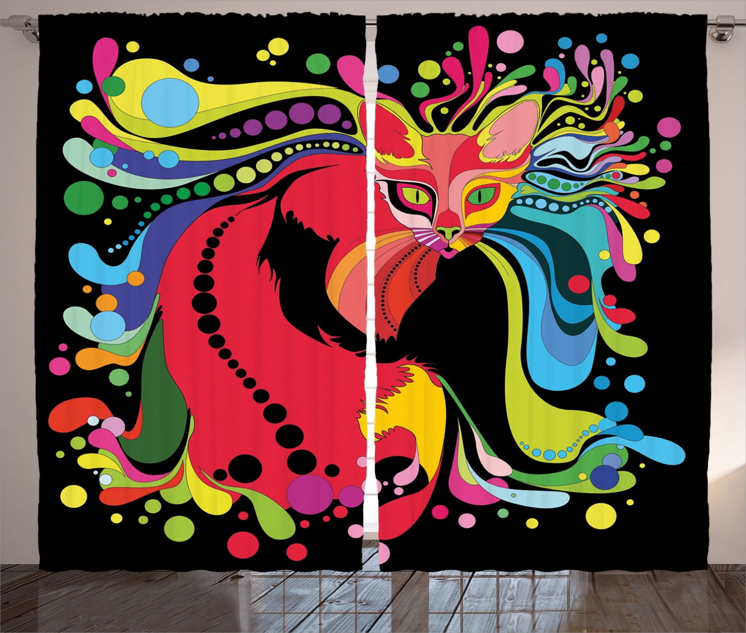 Psychedelic Curtains 2 Panels Set, Futuristic Kitty Print with Light ...