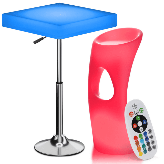 Magshion Set of 2 LED Light Up Square Bar Table + Stool, 16 Color ...