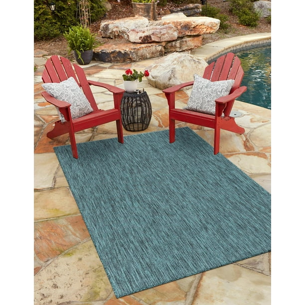 Rugs.com Outdoor Solid Collection Rug – 8' x 11' Teal Flatweave Rug ...