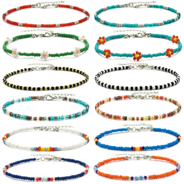 XIJIN 12Pcs Flower Beaded Anklets for Women Girls Handmade Colorful ...