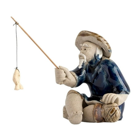 Miniature Fisherman Figurine, Sitting Fishing Statue Sculpture Pottery ...