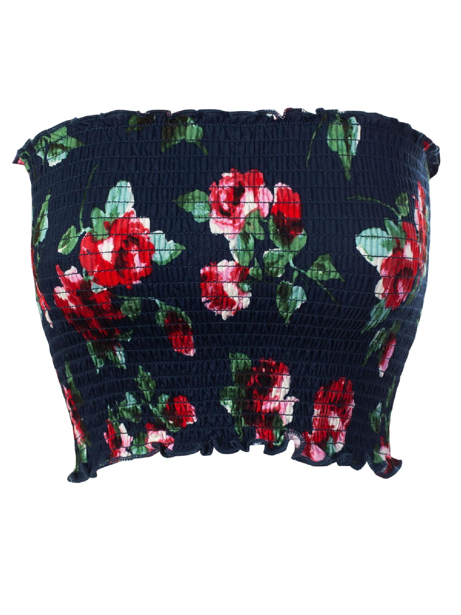 MixMatchy Women's Floral Print Smocked Lettuce Edge Crop Tube Top ...