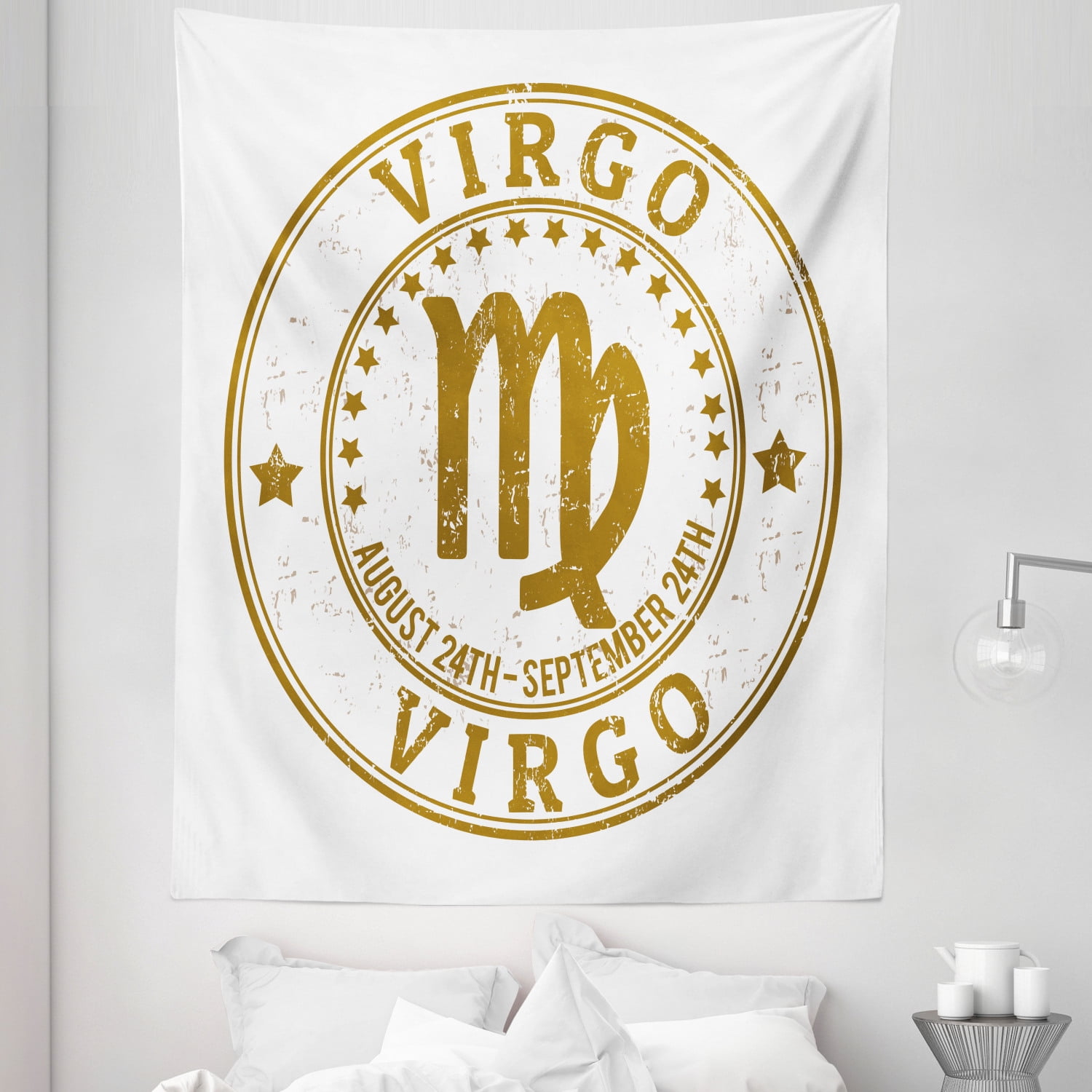 Zodiac Virgo Tapestry, Astrology Grunge Rubber Stamp Design with Stars ...