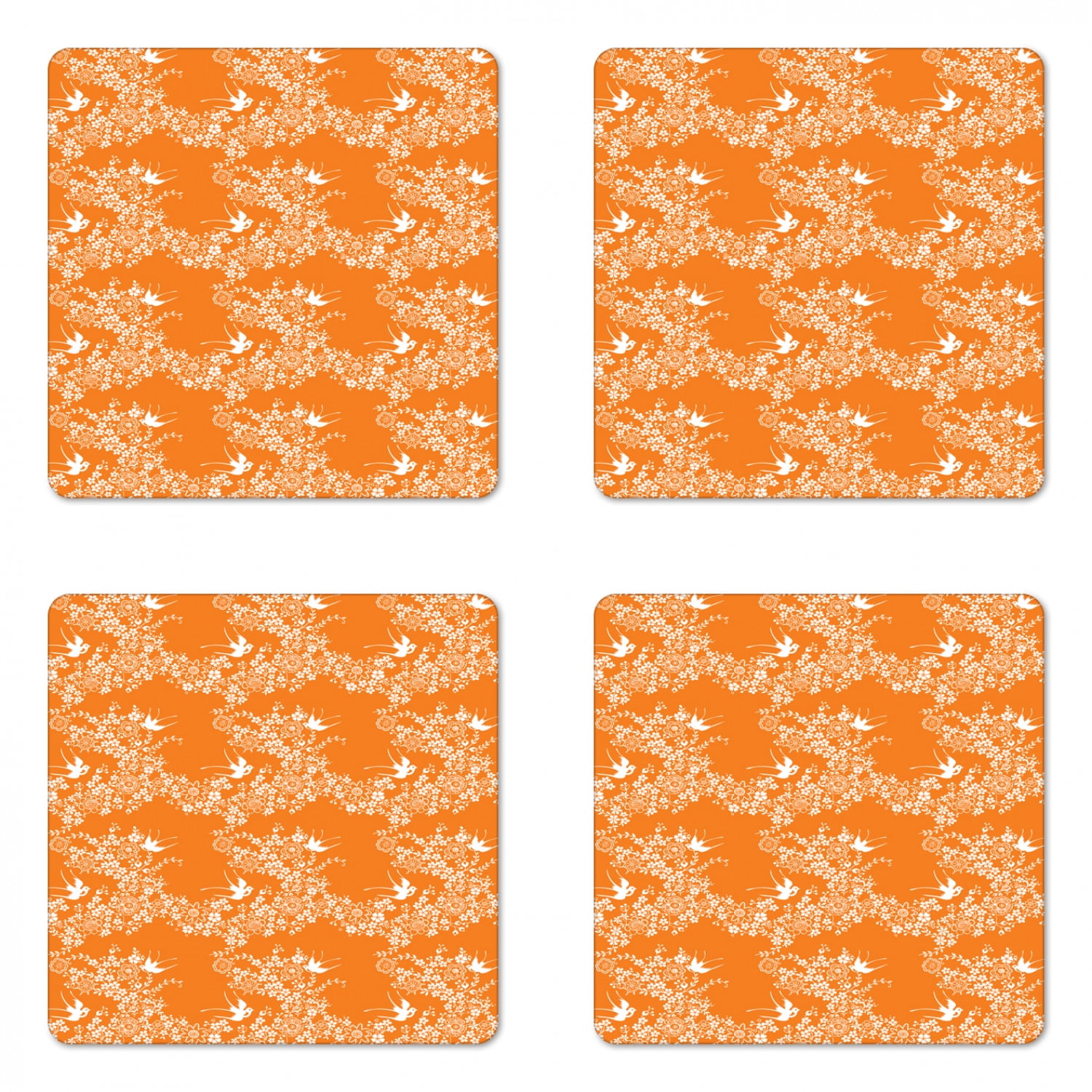 Orange Coaster Set of 4, Style Spring Meadow Pattern with Branches in ...