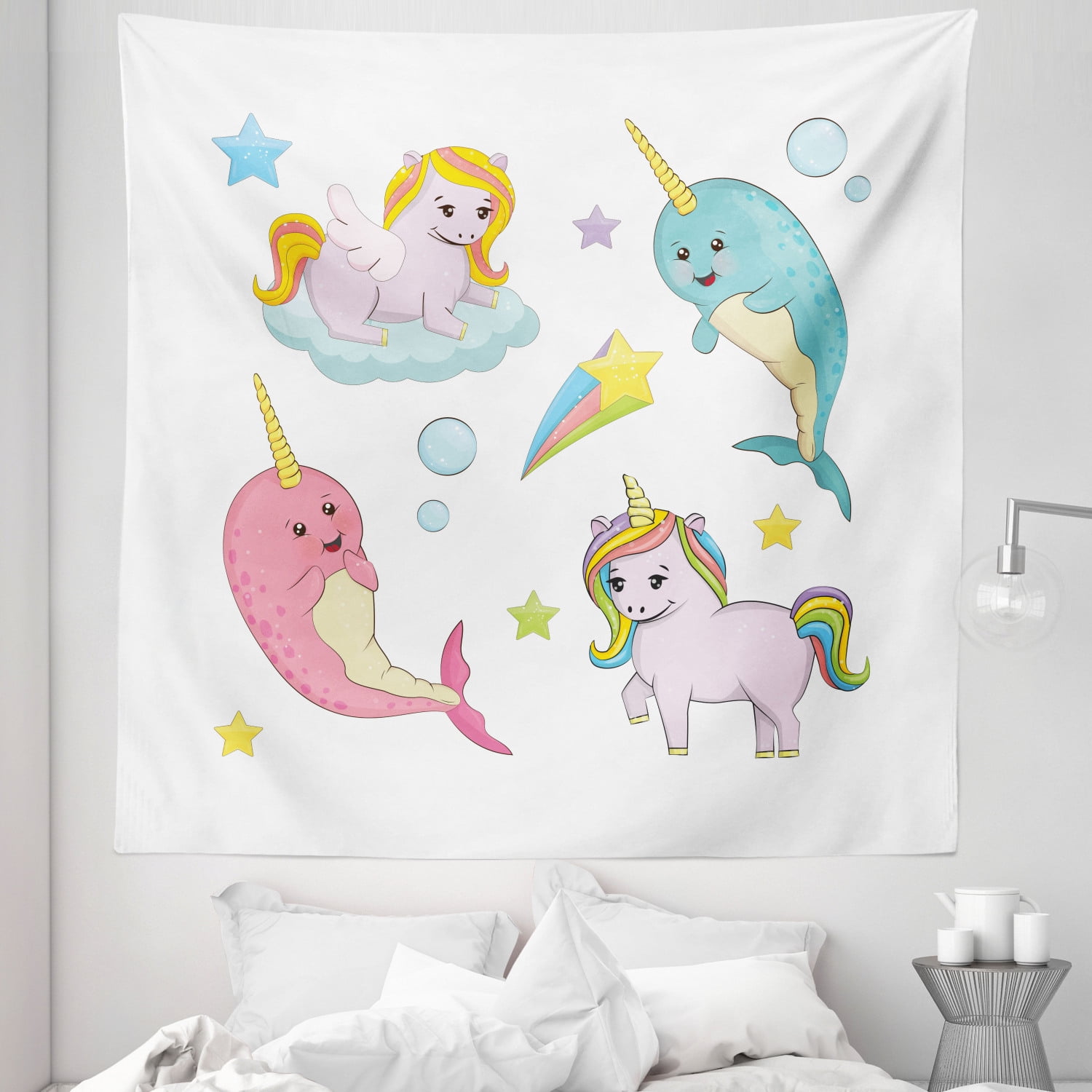 Narwhal Tapestry, Rainbow Colored Unicorns of the Land and Ocean Girly ...