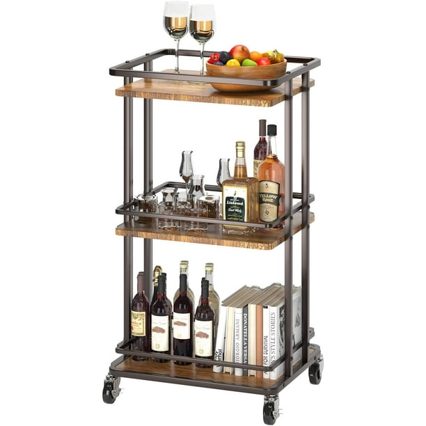 GUAIPOU 3-Tier Rolling Serving Bar Cart, Wood and Metal Kitchen Island ...