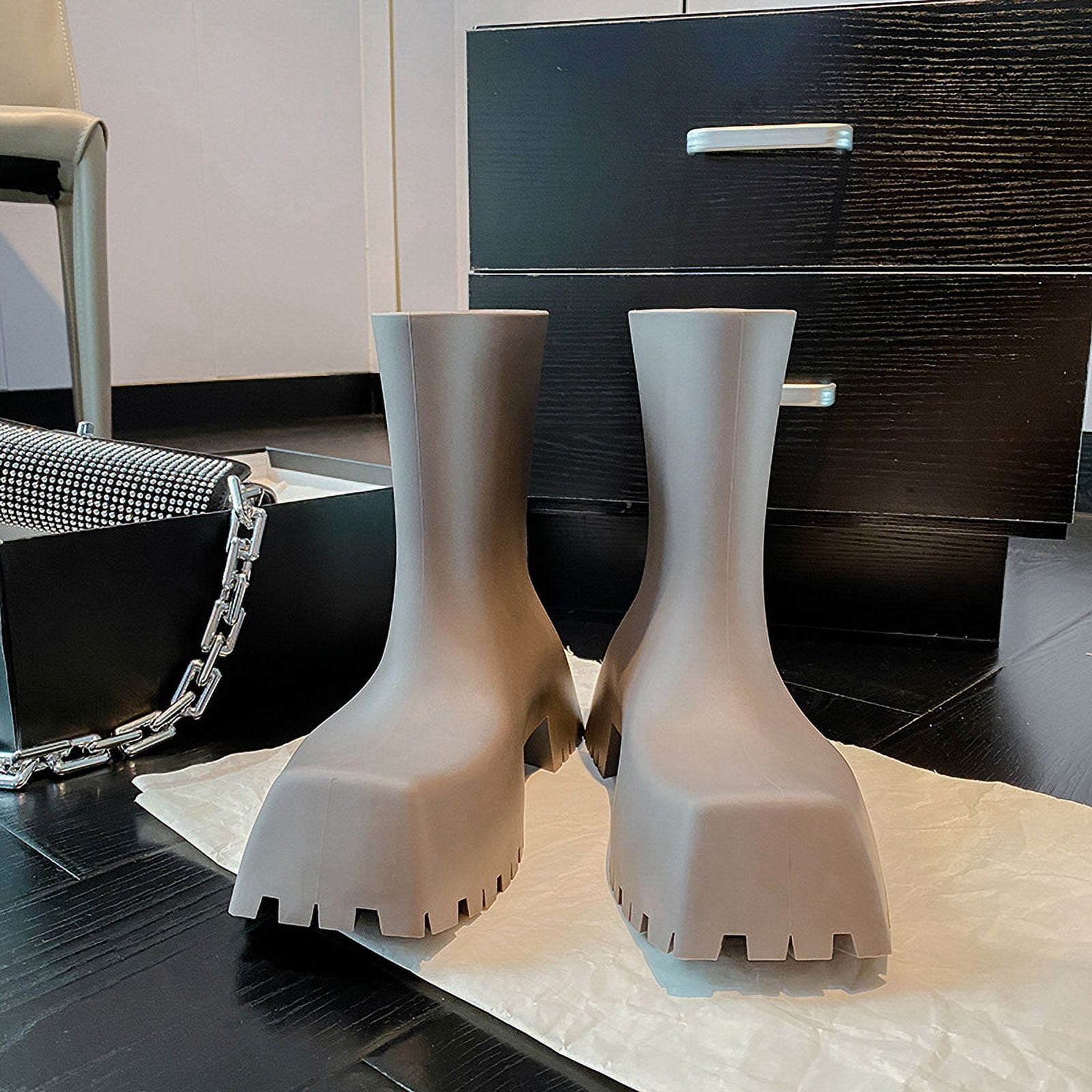 Botas de lluvia de punta cuadrada, botas cortas, suela gruesa, tacón ...