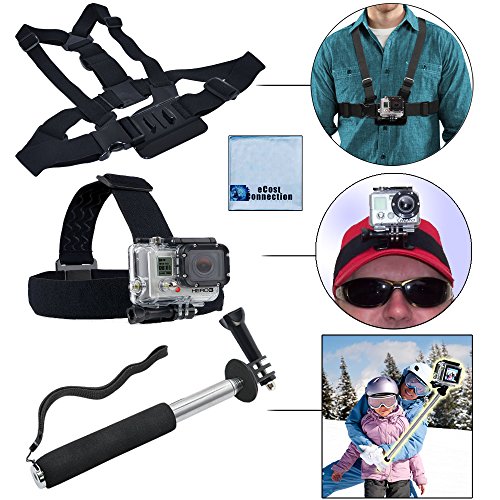 Adjustable Chest Mount Harness + Head Strap Mount + Extension pole for ...
