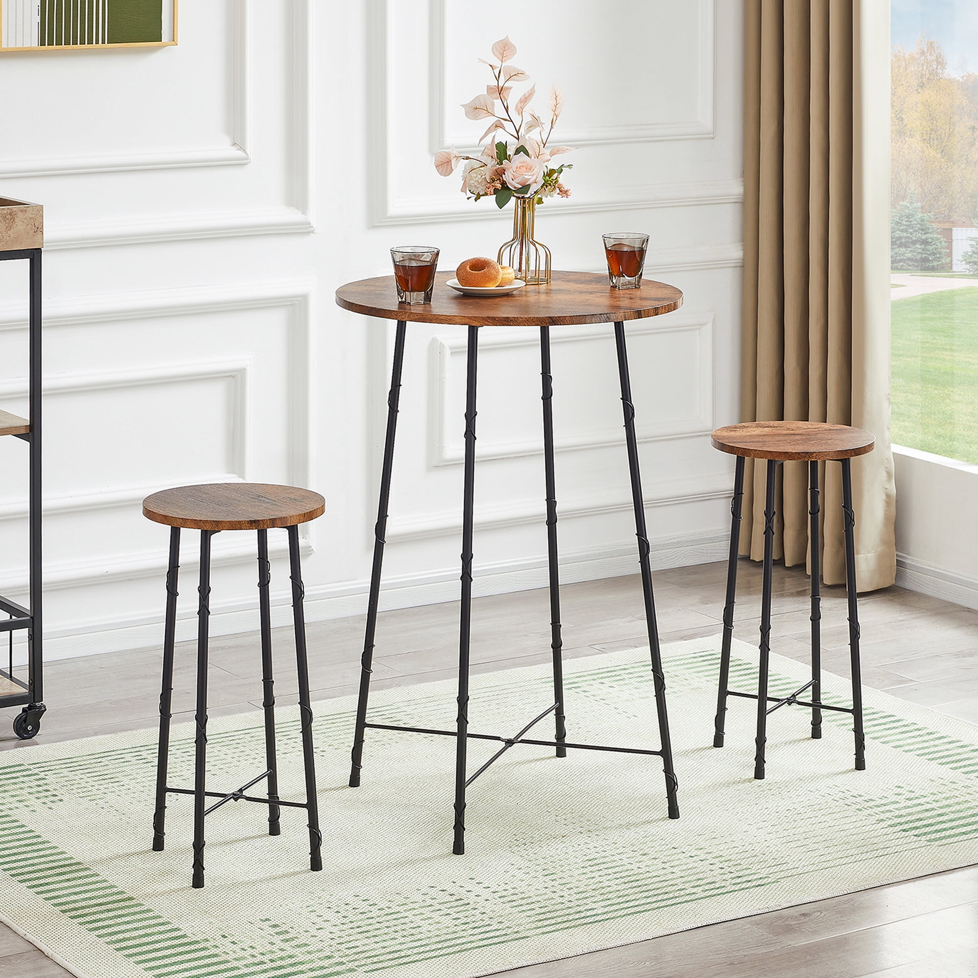 VECELO 3-Piece Bar Table Set with 2 Stools, Round Pub Table Set for ...