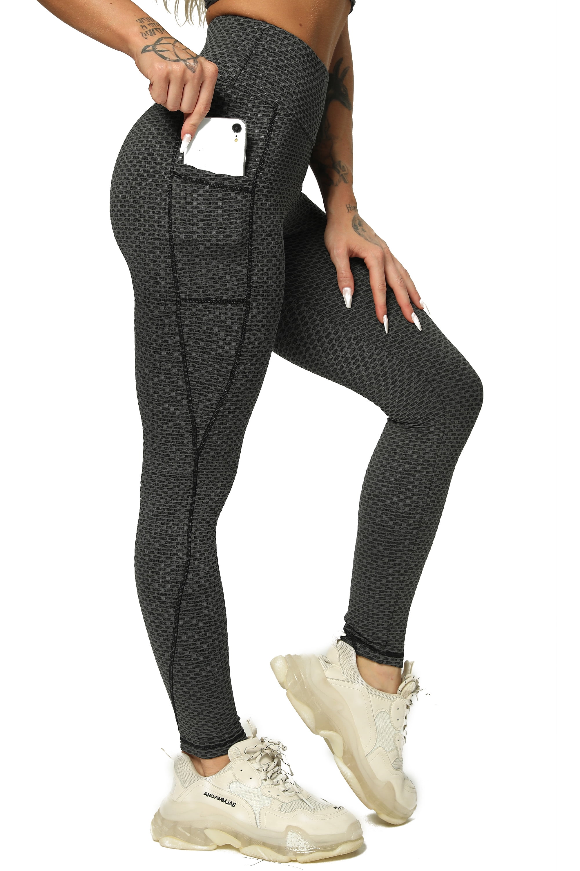 Fittoo Women High Waist Honeycomb Texture Yoga Pant Tummy Control