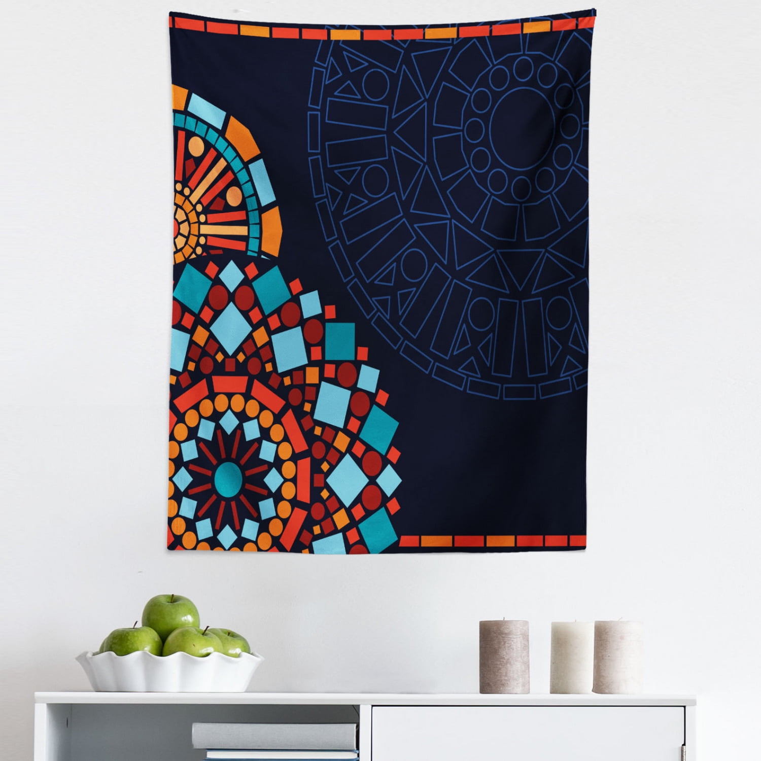 Dark Blue Tapestry, Colorful Geometric Circular Mandala Motifs ...