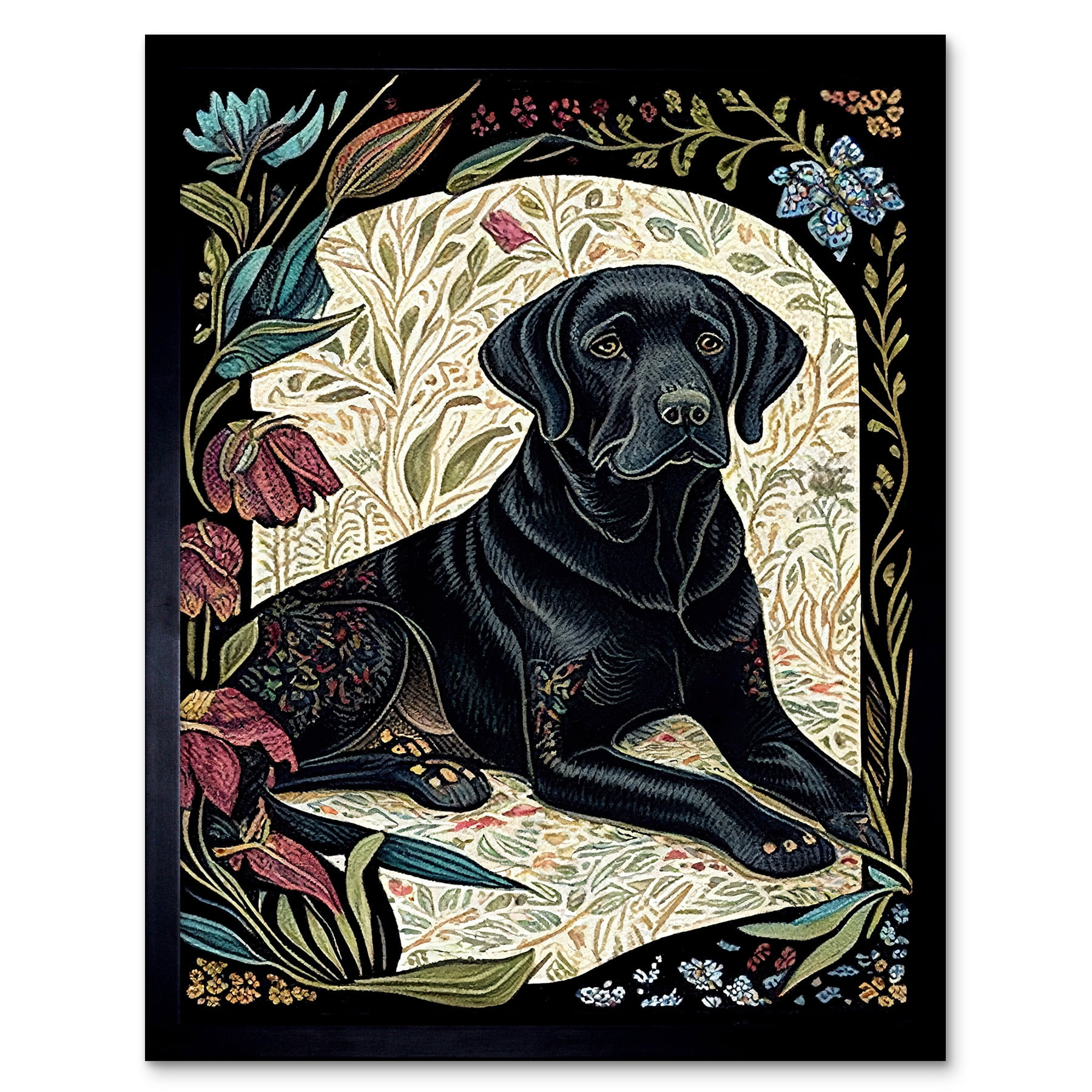 Black Labrador Dog with Floral Patterns Vintage Inspired Linocut ...