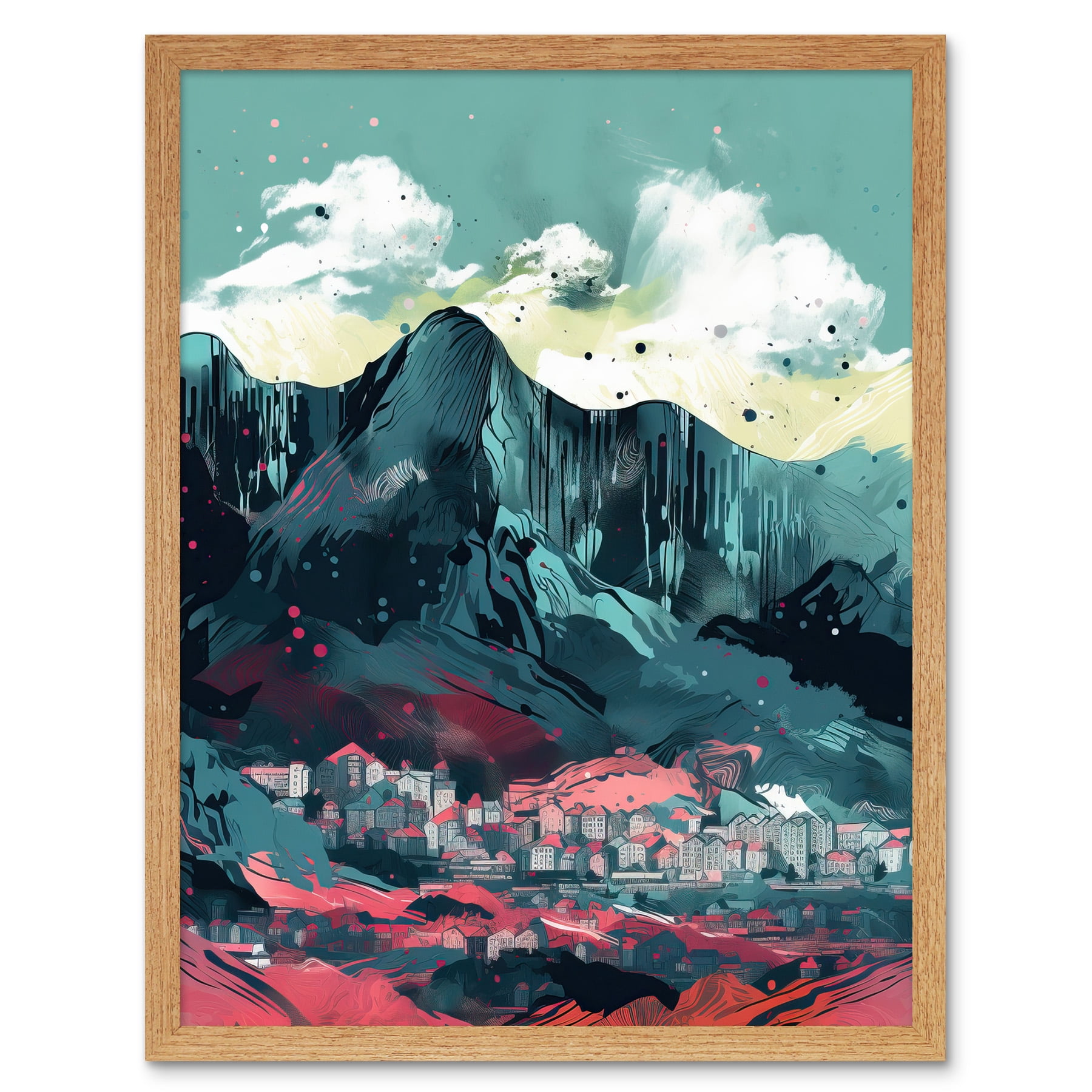 Town Below Tall Mountain Cliffs Coral and Teal Art Print Framed Poster ...