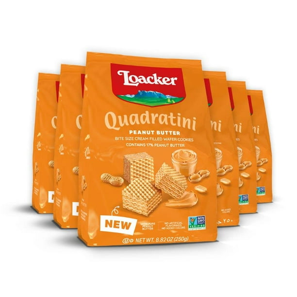 Loacker Quadratini Peanut Butter, Non-GMO Cream-Filled Bite-Size Wafer ...