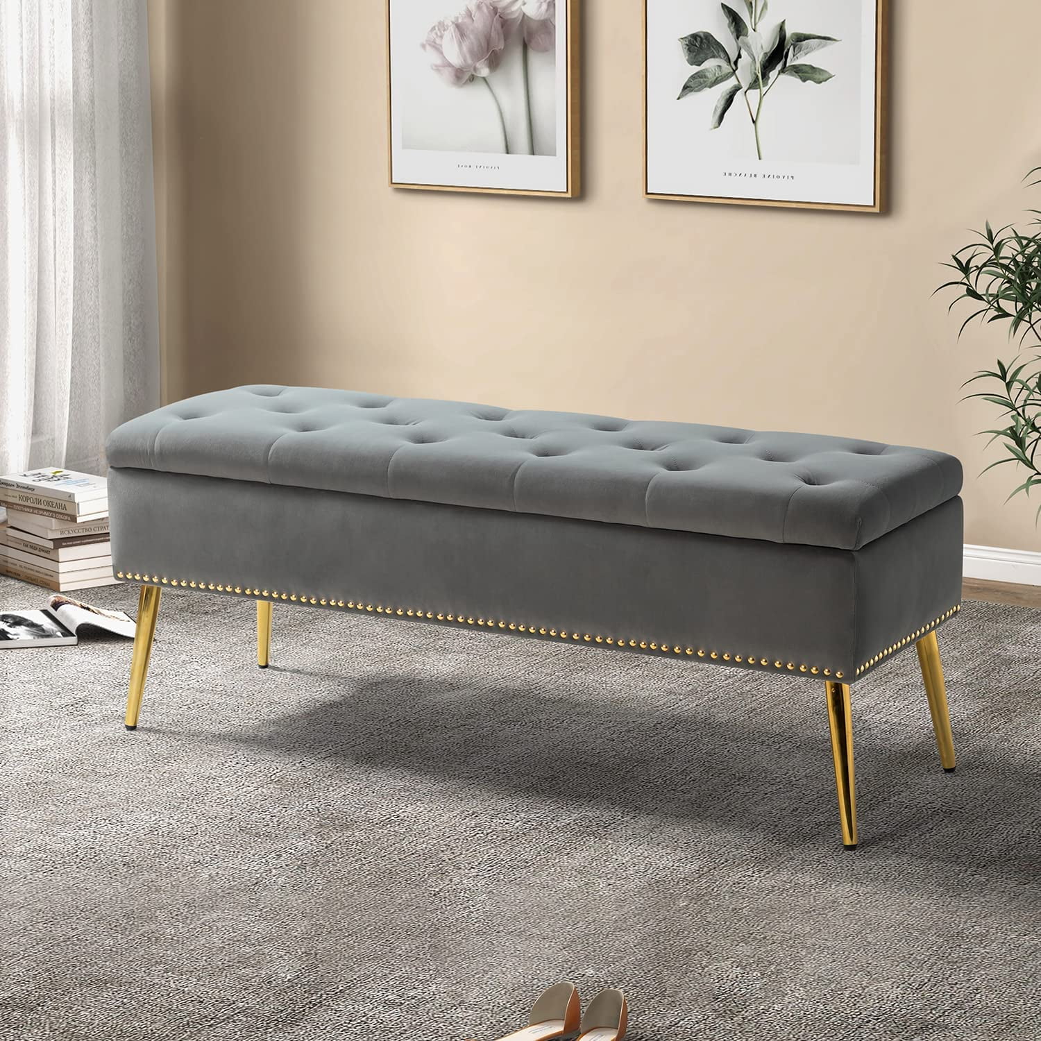 GUAIPOU Modern Velvet Storage Ottoman Bench with Gold Base & Nailhead ...