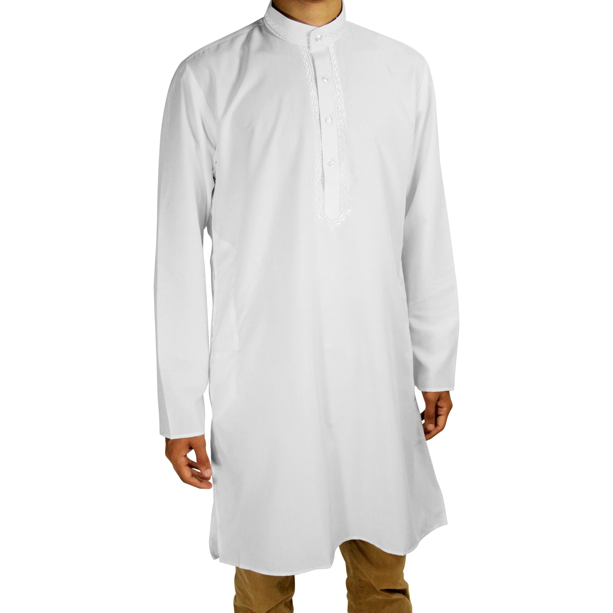 Hijaz Men's Embroidered Plain White Kurta Top Wrinkle Free Cotton Long ...
