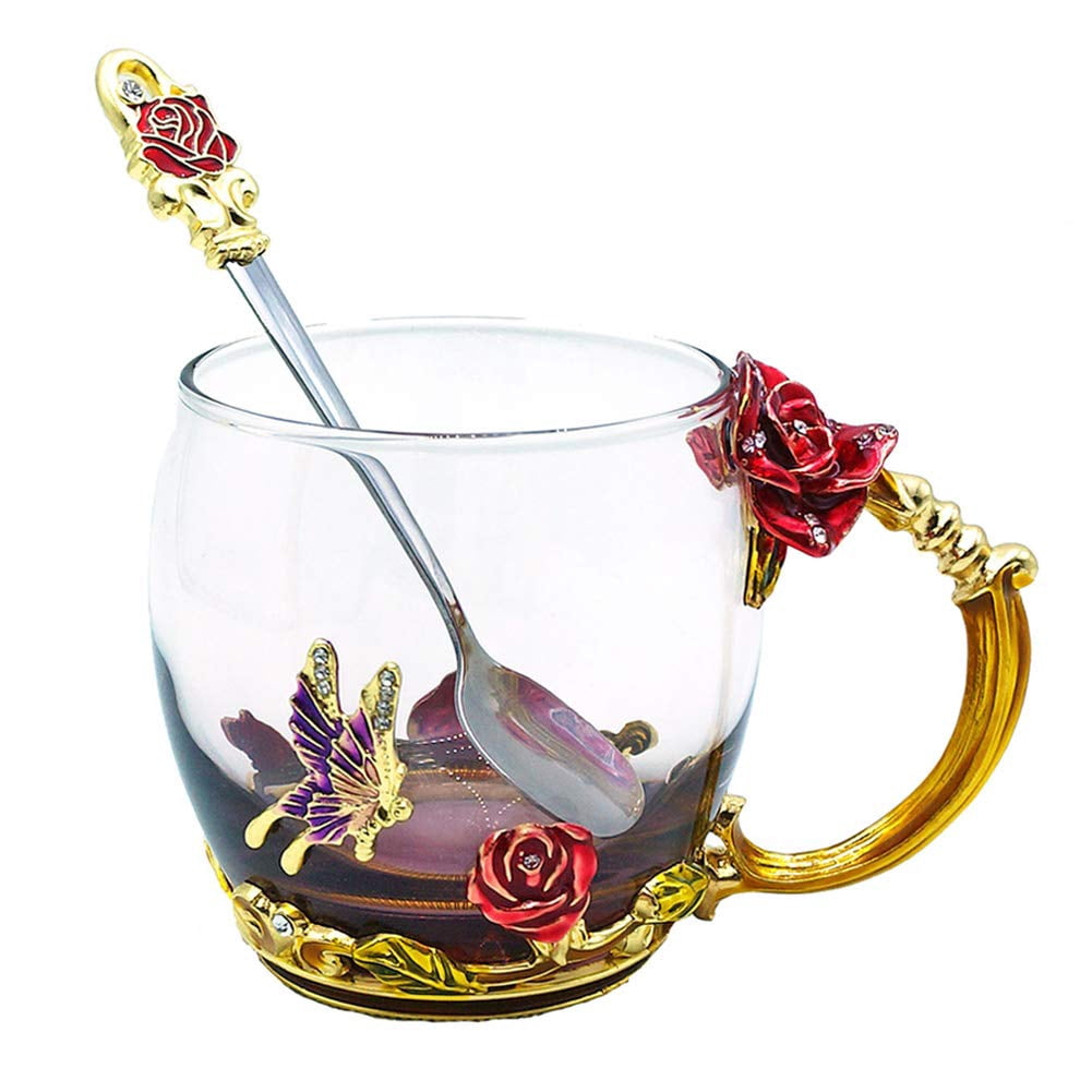 Rose Red Coffee Cup, Handicraft Crystal Glass 3D Flower Cups Tea Mug ...