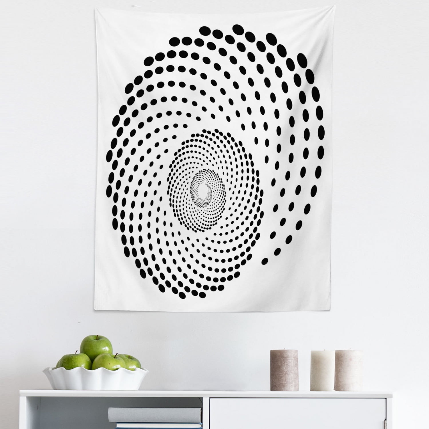 White Tapestry, Minimalist Spiral Shape Dotted Monochrome Swirling ...
