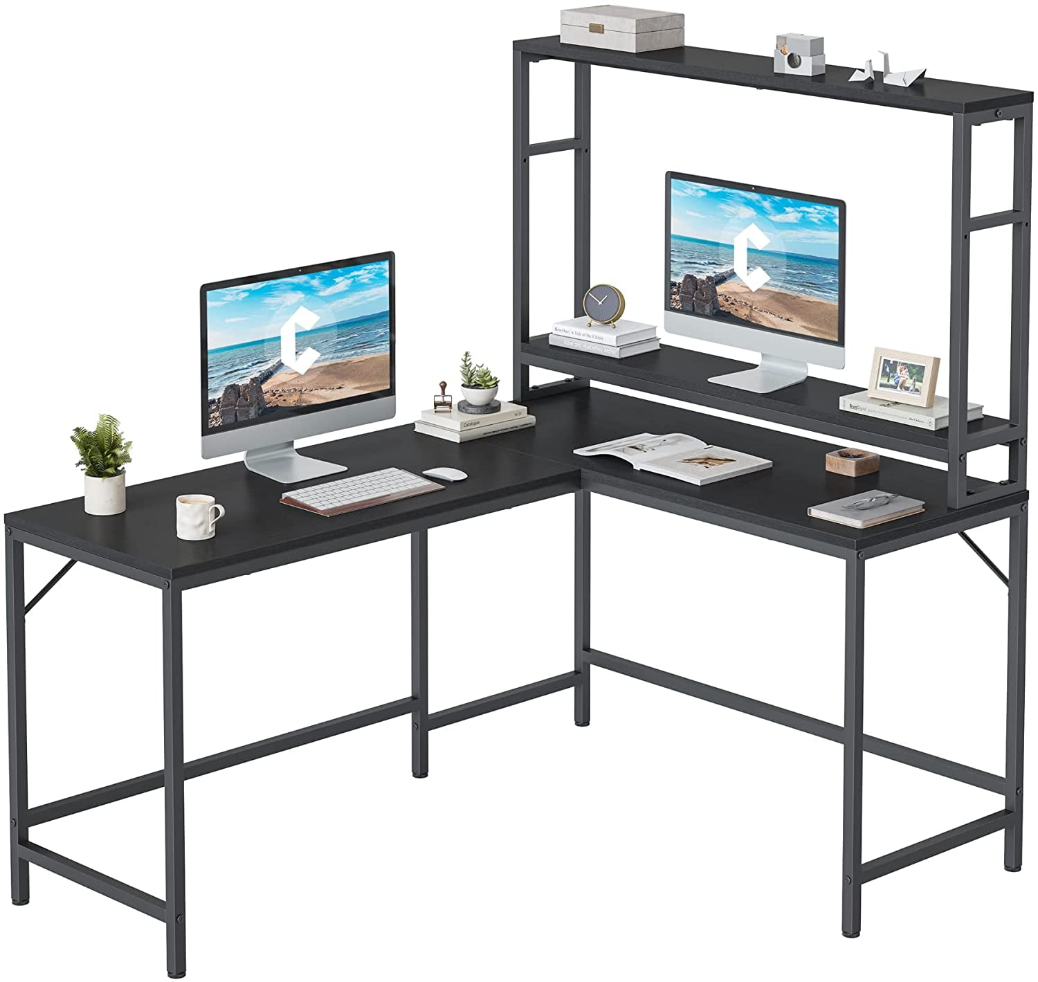 Black L Shaped Desk with Hutch & Two Tier Bookshelf Philippines | Ubuy