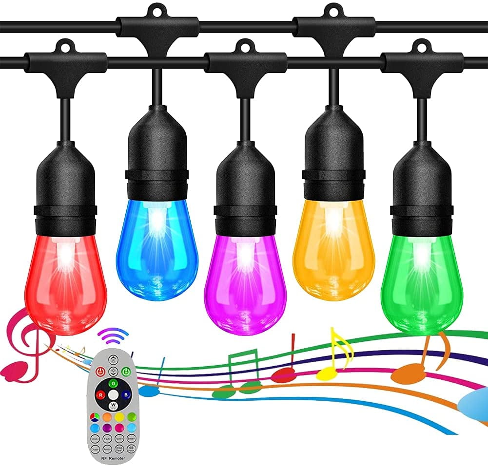 YI Lighting - 48ft Outdoor String Lights with 15pcs S14 RGBW Music ...