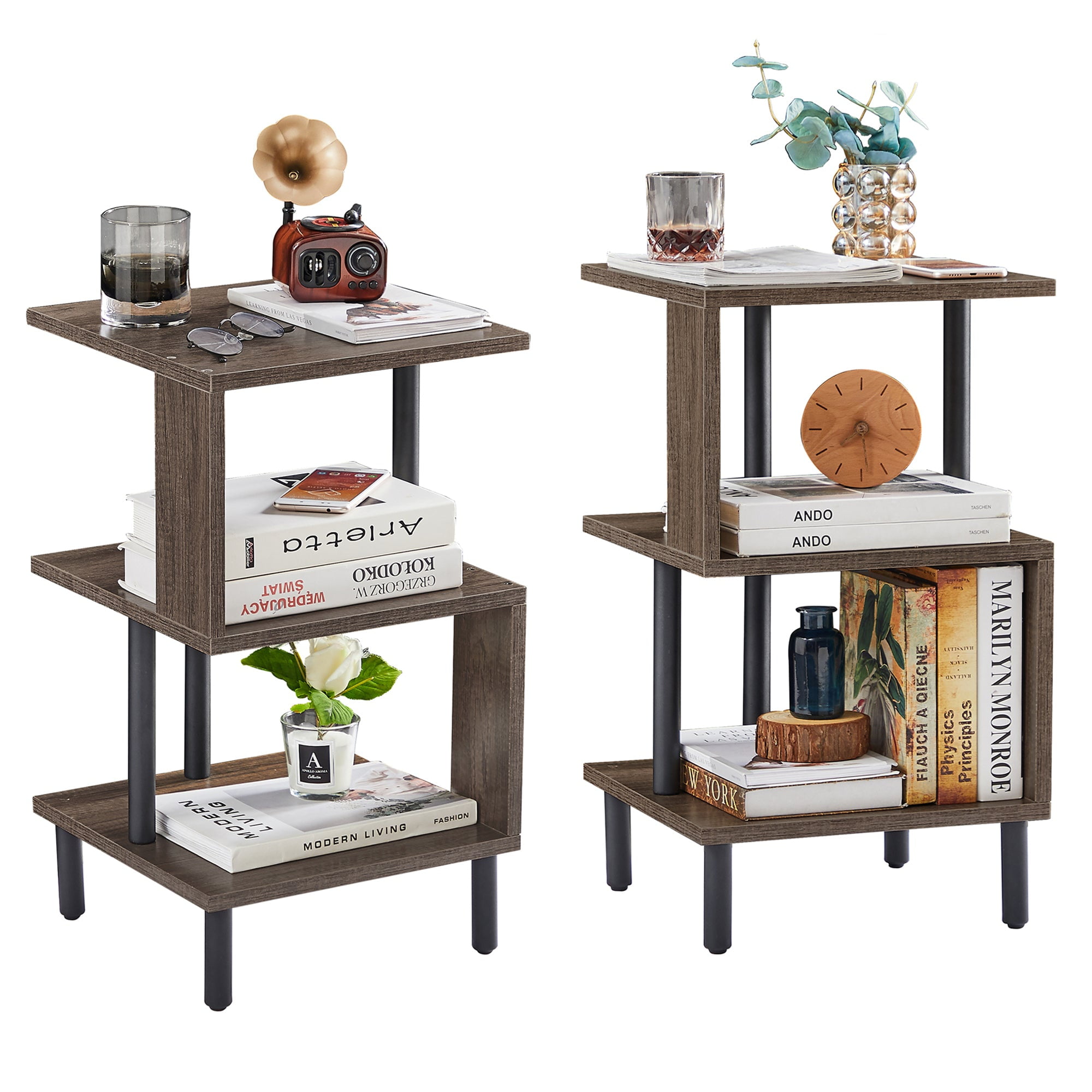 VECELO Set of 2 S-Shape Side Table, Modern 3-Tier Nightstand Sofa Side ...