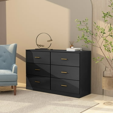 Black 6 Drawer Dresser for Bedroom, Modern Wide Chest Of Drawers Wood ...