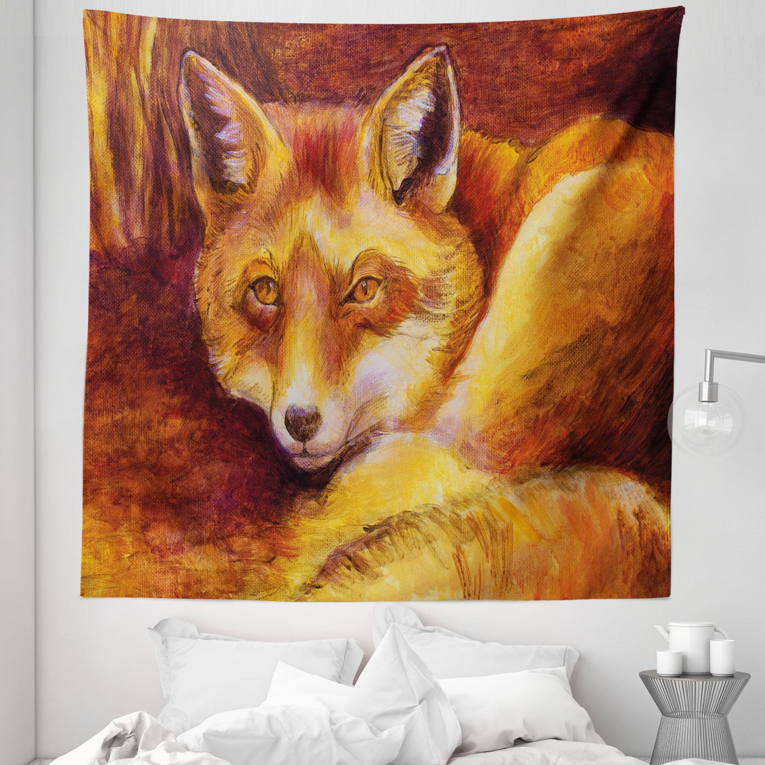 Fox Tapestry, Monochromatic Fox Resting Painting Style Display Vibrant ...