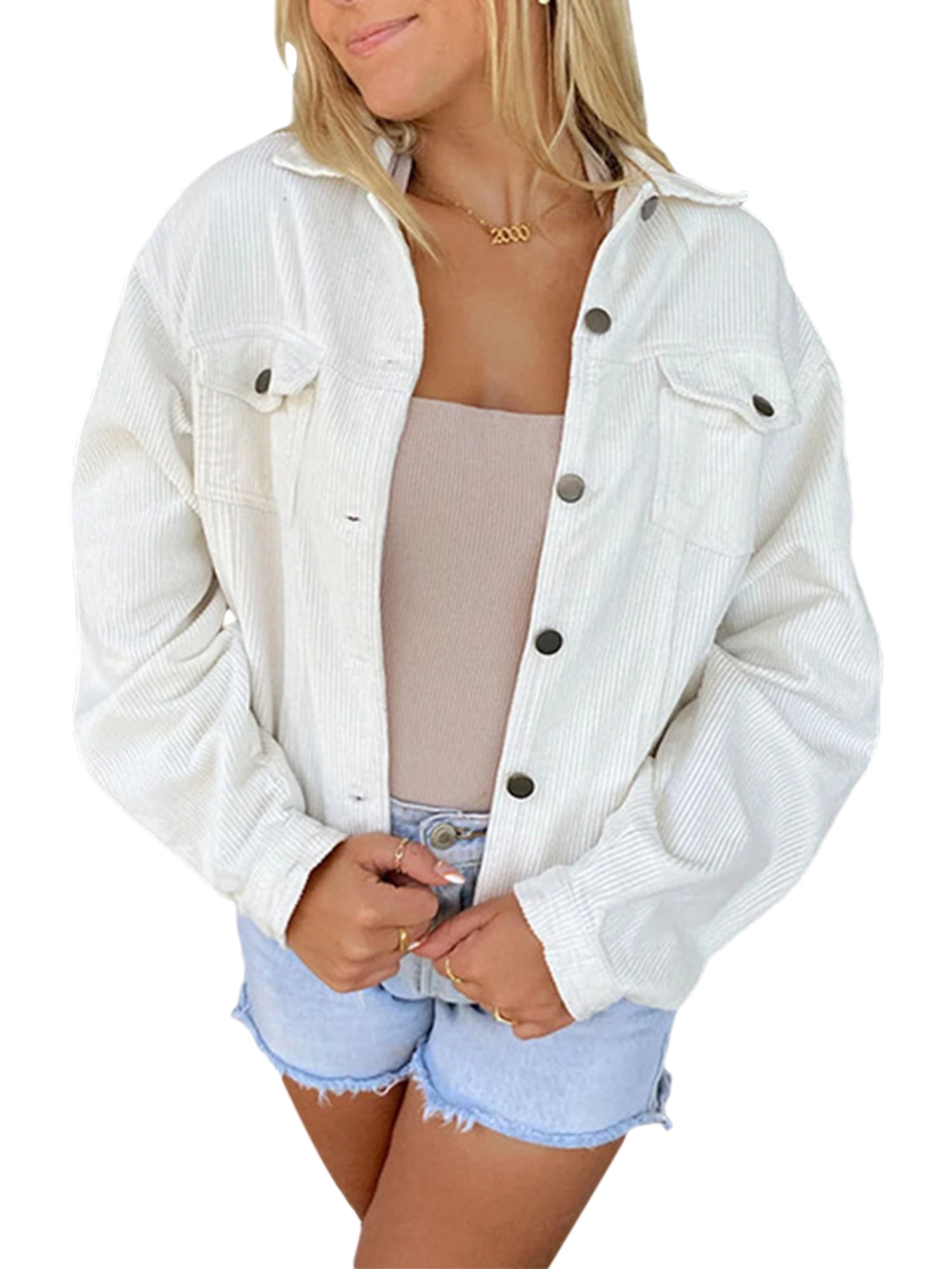 Gureui Women's Corduroy Long Sleeve Button up Collared Solid Oversized ...