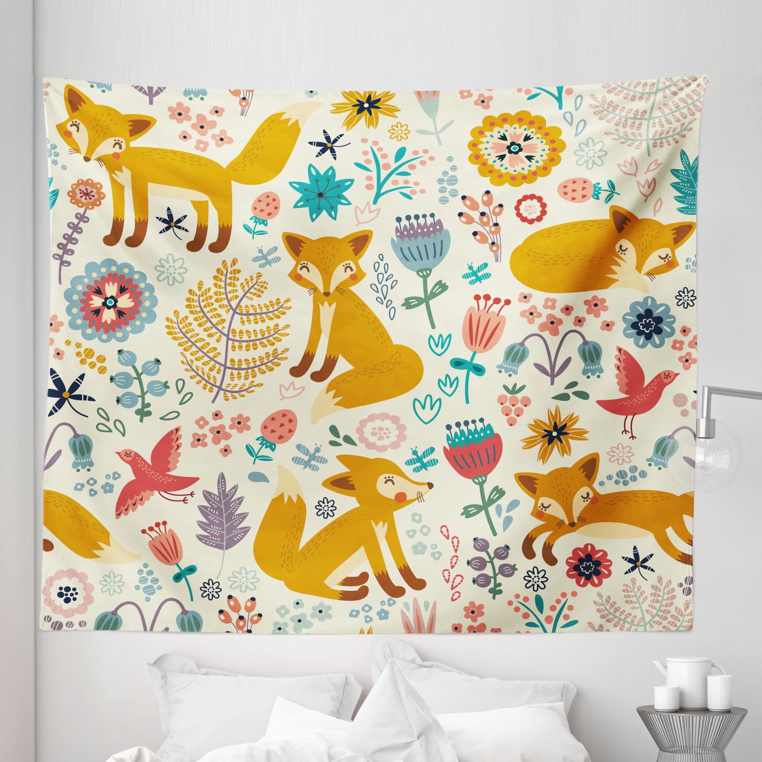 Fox Tapestry, Natural Wildlife Composition Foxes Ornate Flowers Flying ...