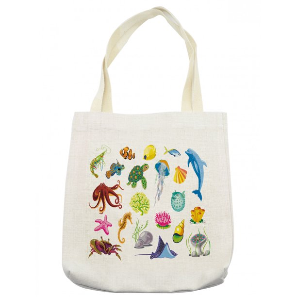 Marine Tote Bag, Sea Animals Octopus Dolphin Shells Stingray Crab ...