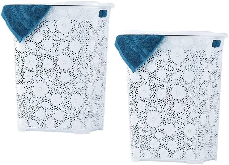 Superio 50L Large Lace Plastic Laundry Hamper with Lid - White (2 Pack ...