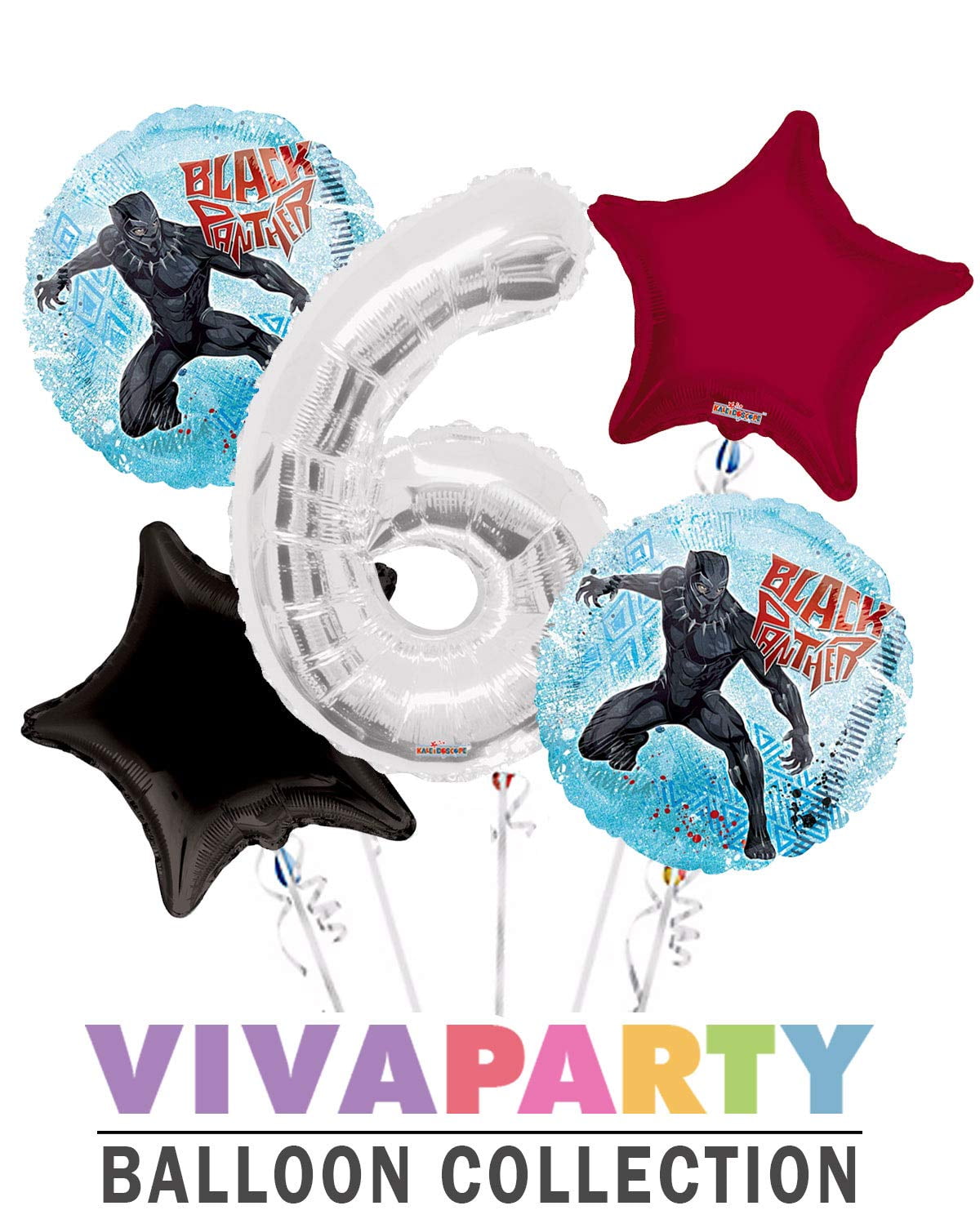 Black Panther Round Balloon Bouquet 5 pc, 6th Birthday, Silver Number 6 ...